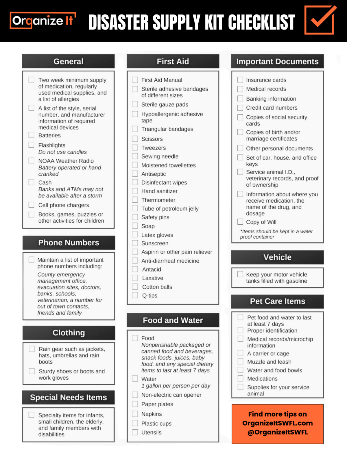 Disaster Supply Kit Checklist - Organize It | Cleaning | Organizing | Fort Myers